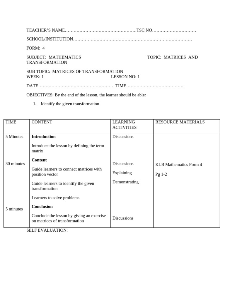Form 4 KLB Mathematics Lesson Plans Term 1 | PDF | Matrix (Mathematics ...