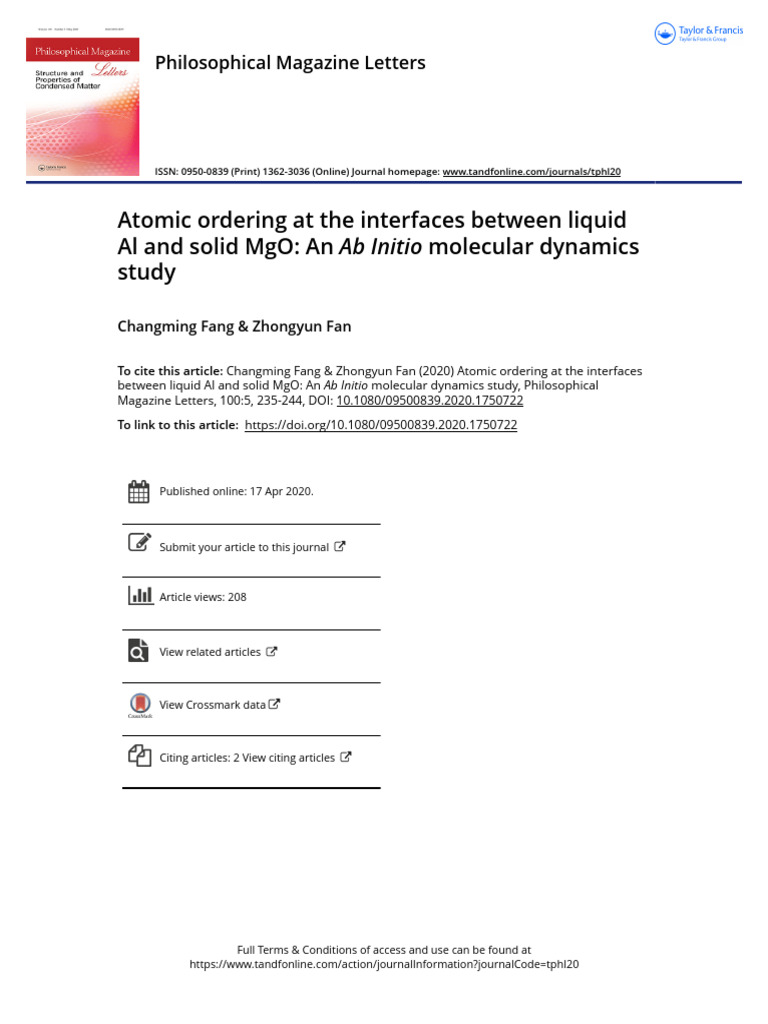 Atomic Ordering at The Interfaces Between Liquid Al and Solid MgO An Ab Initio Molecular ...