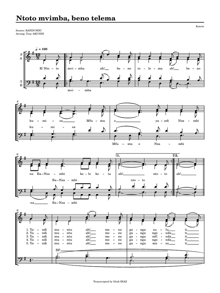 Ntoto - Mvimba, Beno - Telema - Arr, Tony Akundi | PDF