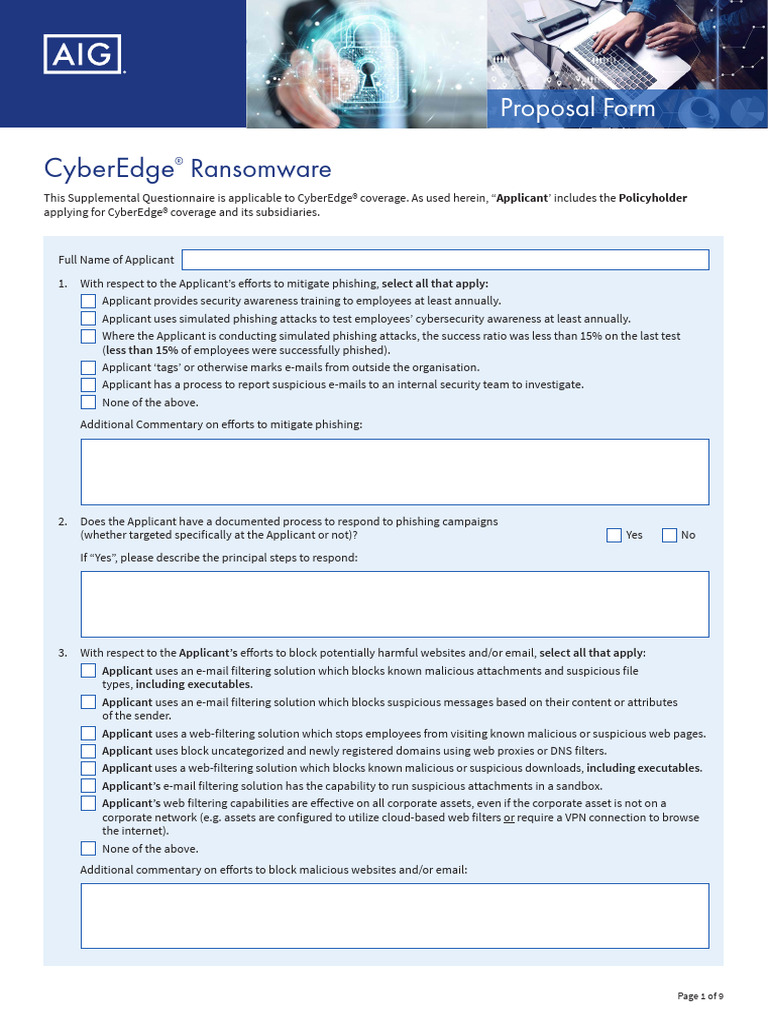 Aig Ransomware Supplementary Proposal Form Au Final DX | PDF | Phishing ...
