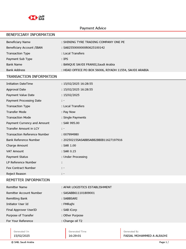 Payment Confirmation for Shining Tyre | PDF