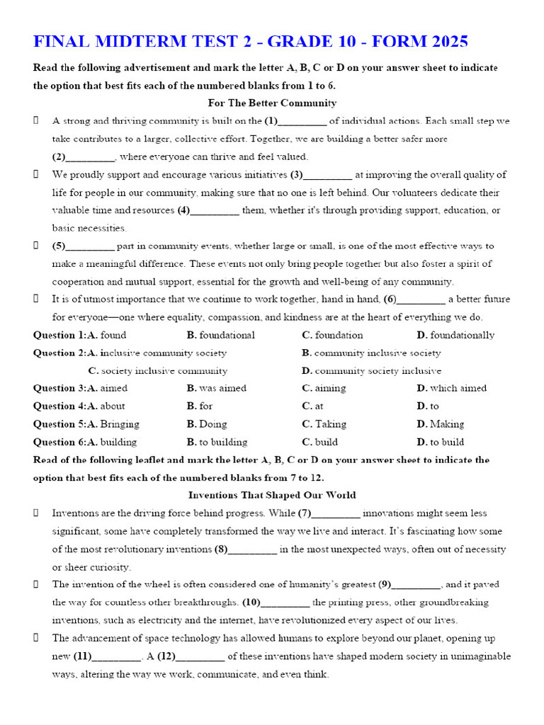 Test 2 Grade 10 Form 2025 | PDF