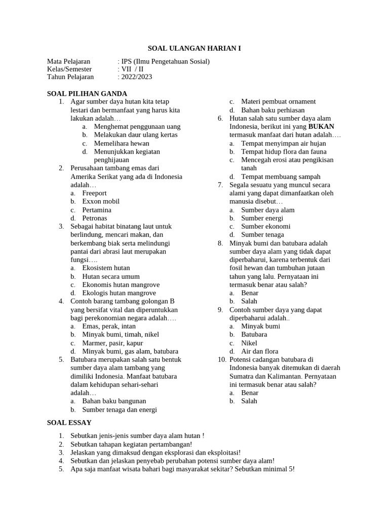 Soal Uh Ips KLS 7 SMT Ii Potensi Sda | PDF