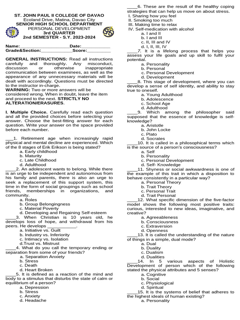 PERSONAL DEVELOPMENT EXAM NEWest | PDF | Adolescence | Behavioural Sciences