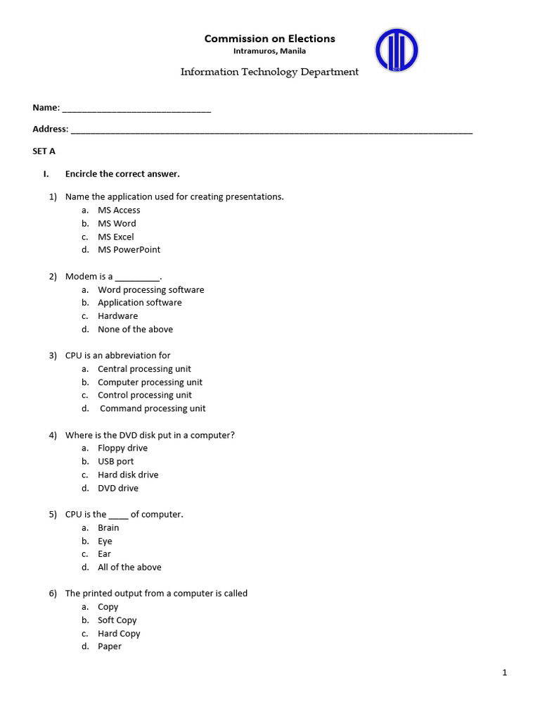 Questionnaire-Set-A | PDF | Input/Output | Computer Hardware