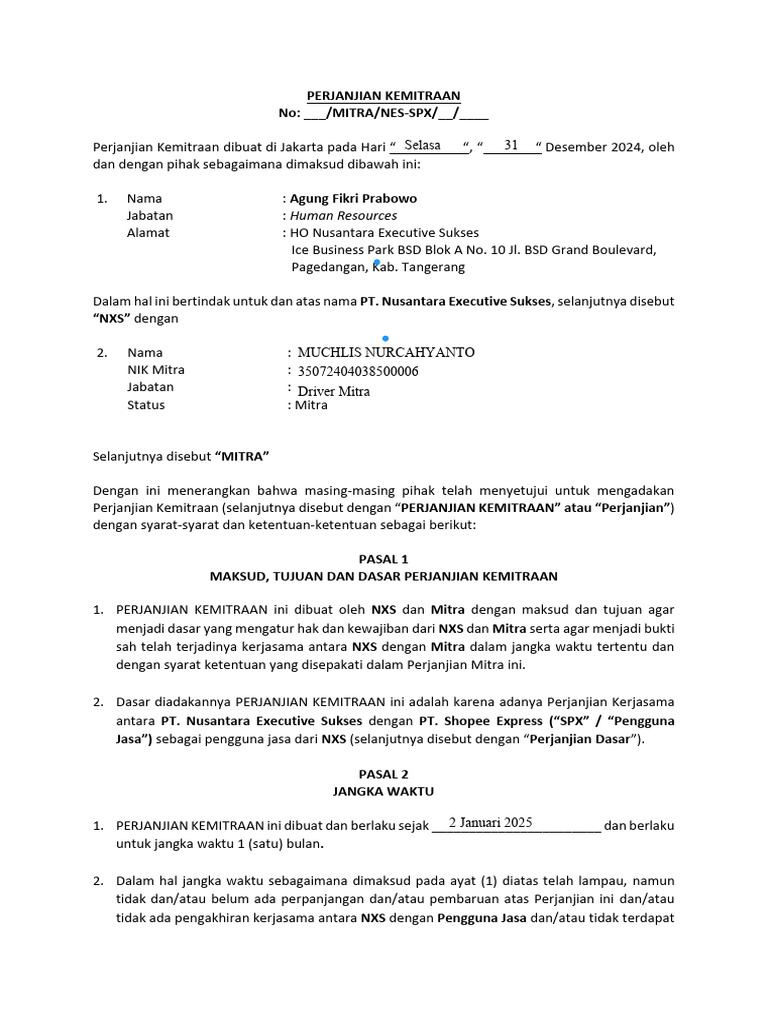 Perjanjian Courier Kemitraan Muchlis Nur | PDF