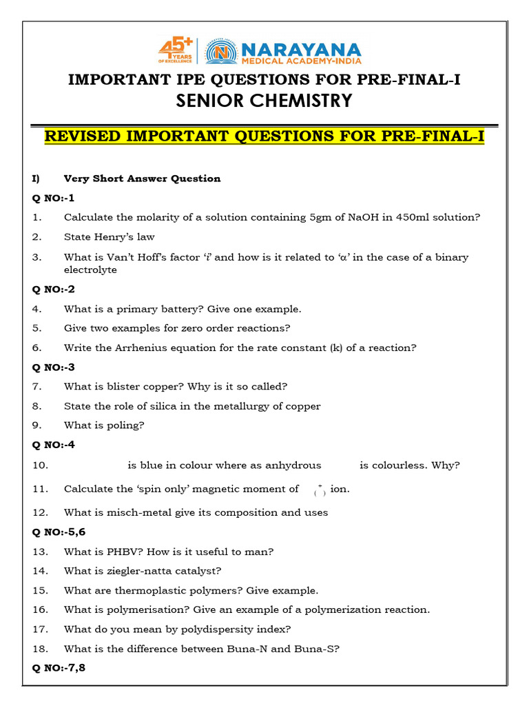 Revised SR Bipc Ipe Important Quesiton List Chemistry | PDF | Chemistry | Chemical Reactions