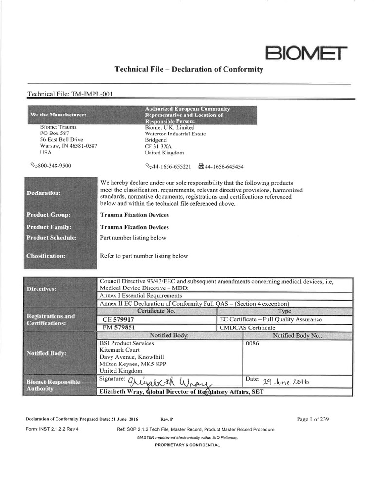 TM-IMPL-001 Trauma Fixation Devices Rev P DoC 21june2016 | PDF ...