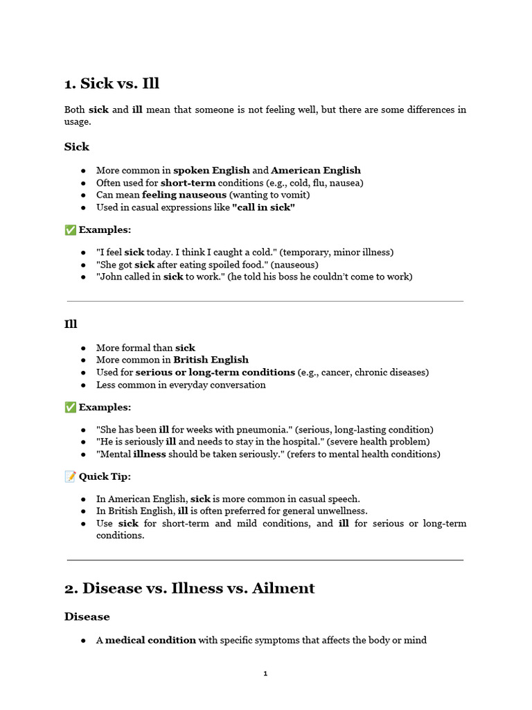 Sick Ill - Dieseae Illness - Ache Hurt | PDF | Pain | Nausea