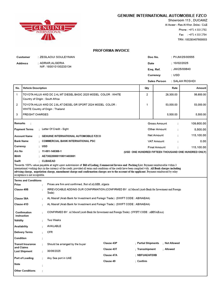 Proforma Invoice for Vehicle Purchase | PDF | United Arab Emirates ...