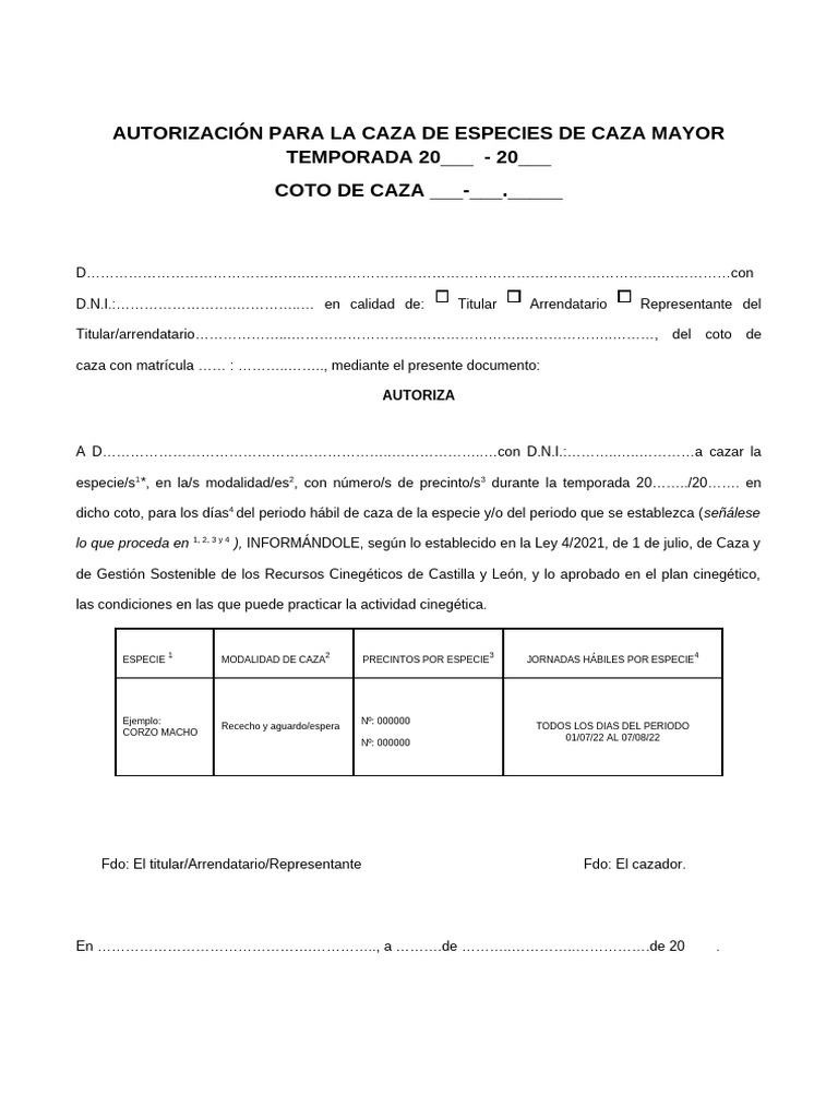 Modelo+Genérico+de+Autorización +Caza+Mayor, 0 | PDF | Caza ...