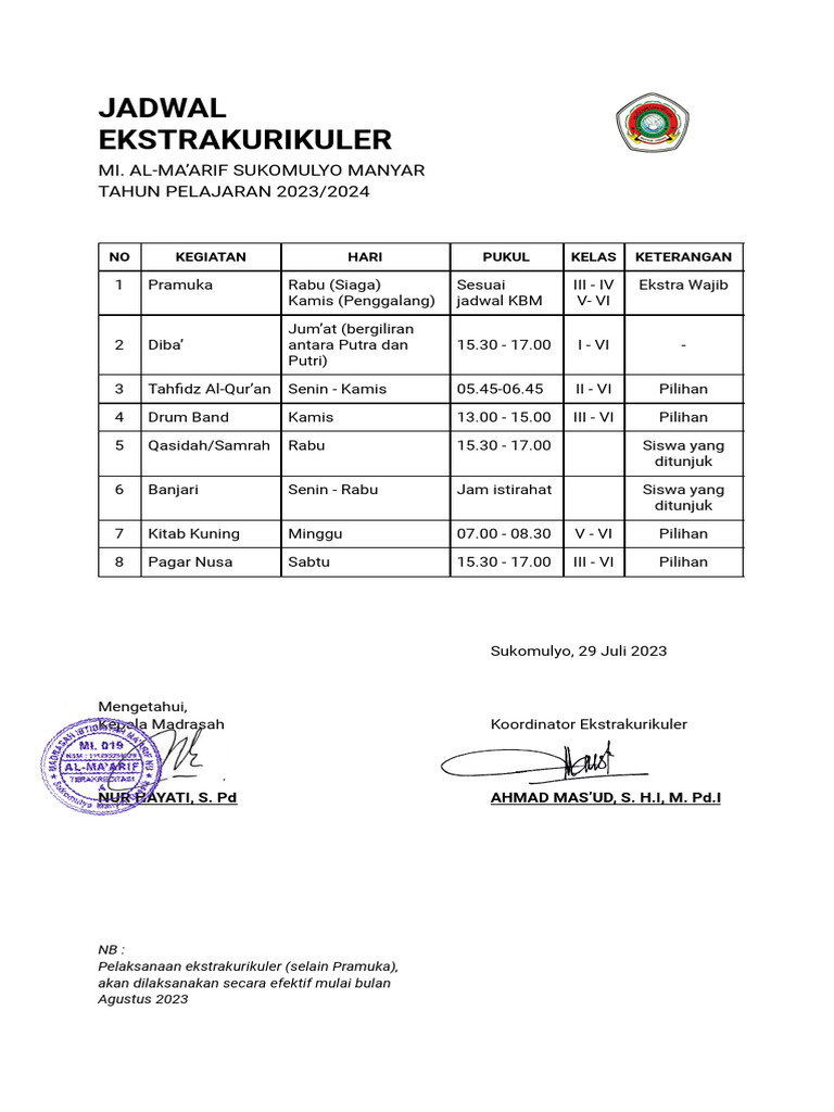 Jadwal Ekstrakurikuler 2023 - 2024 | PDF