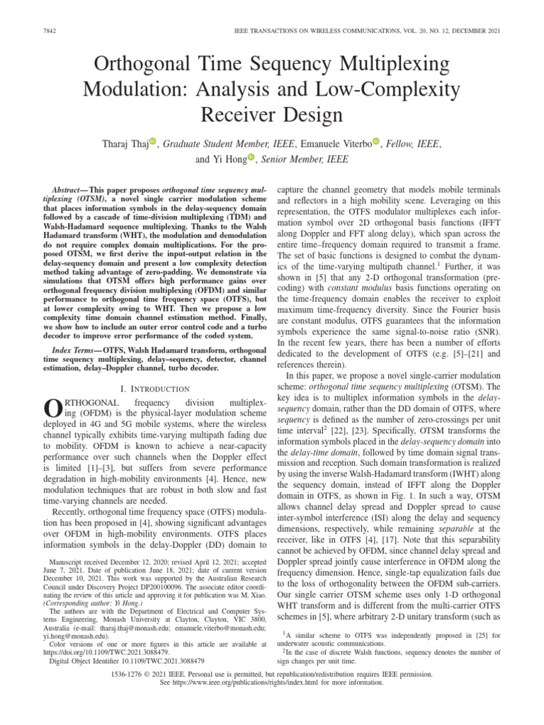 Orthogonal Time Sequency Multiplexing Modulation Analysis and Low-Complexity Receiver Design ...