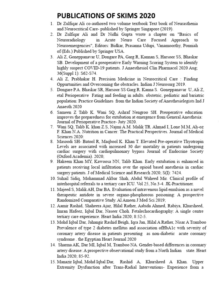 Publication of SKIMS 2020 | PDF | Colorectal Cancer | Percutaneous Coronary Intervention