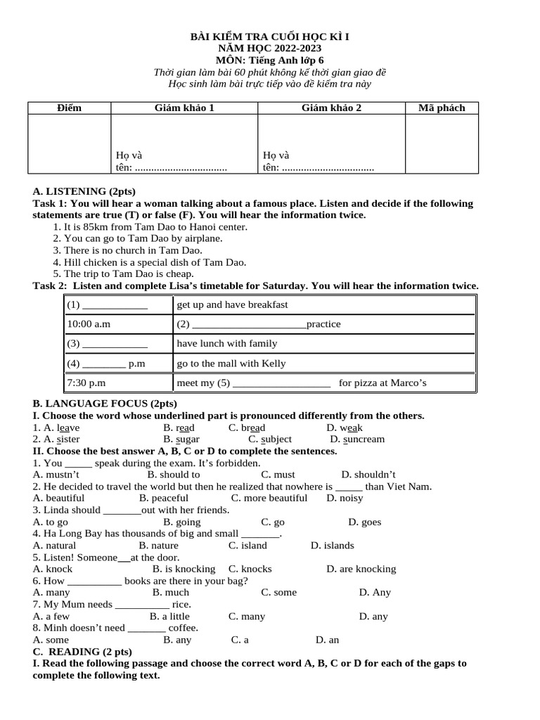 Đề CKI Anh 6 Chính Thức - Phách Rời | PDF