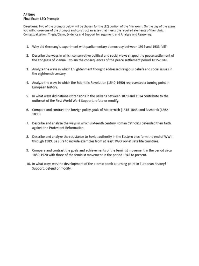 AP Euro Final Exam LEQ Prompts | PDF