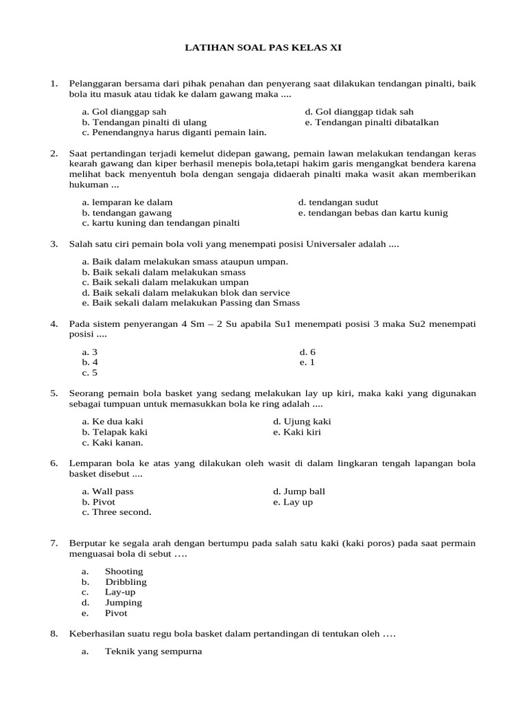 Soal Latihan Psas Pjok Kelas Xi | PDF