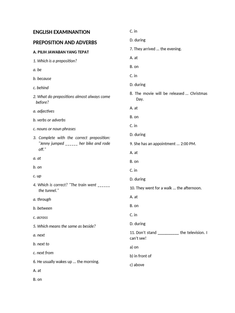 Daily Exam Adverb and Preposition | PDF | Adverb | Language Mechanics