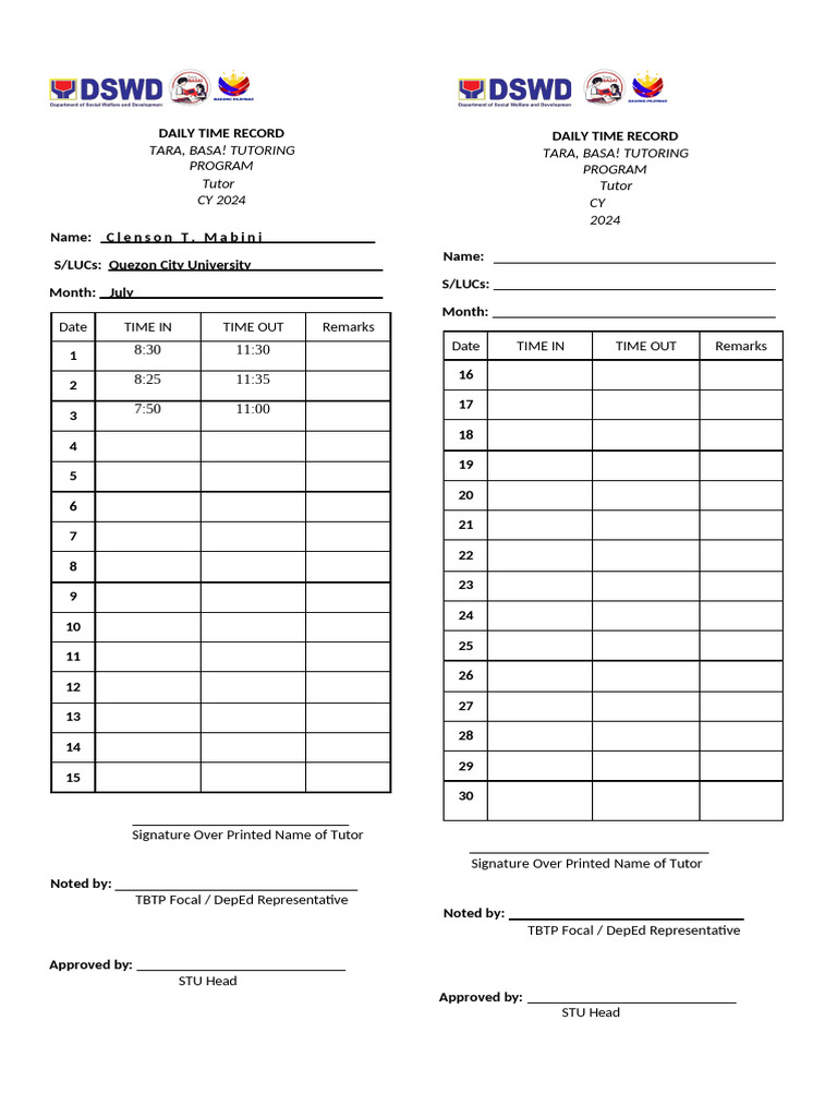 Daily Time Record for Tutors 2024 | PDF