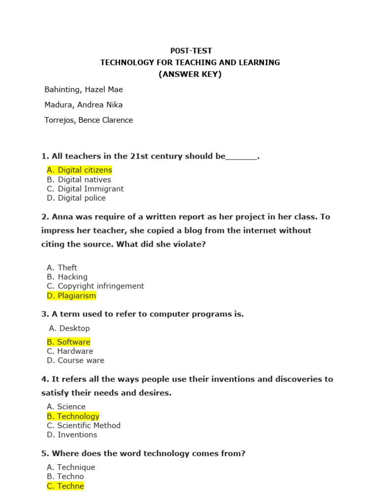 TTL-ANSWER-KEY-POST-TEST | PDF | Educational Technology | Information ...