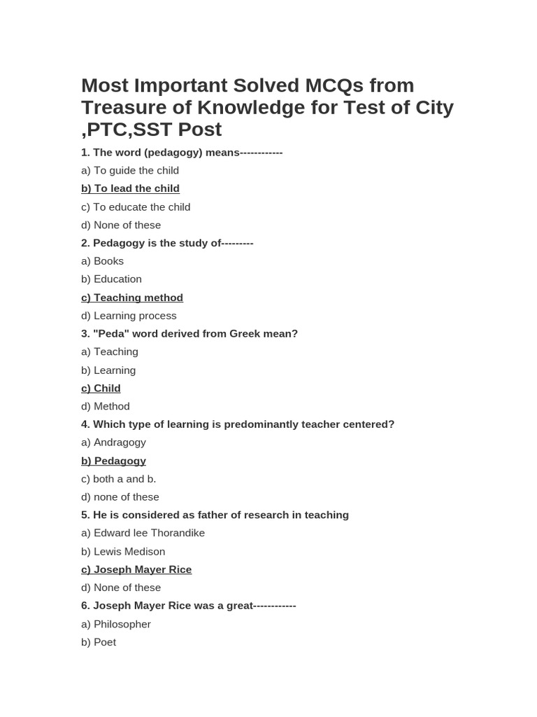 Most Important Solved MCQs From Treasure of Knowle | PDF | Teachers | Pedagogy