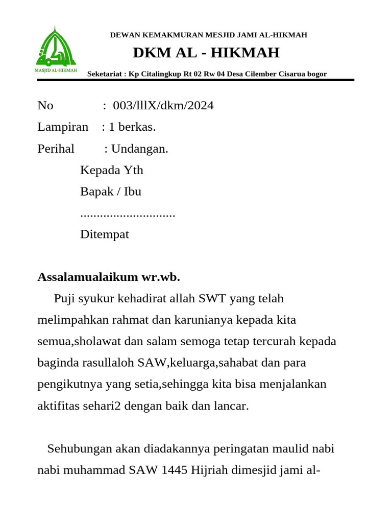 Undangan Rapat Maulid DKM | PDF
