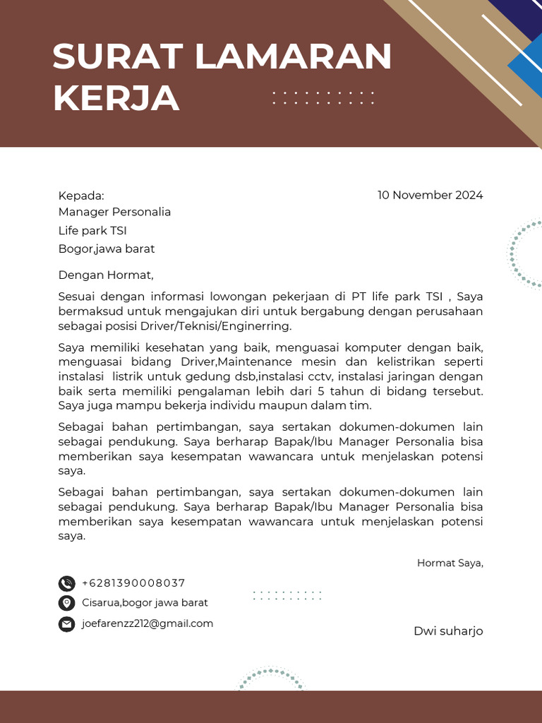 Surat Lamaran Kerja Driver dan Teknisi | PDF