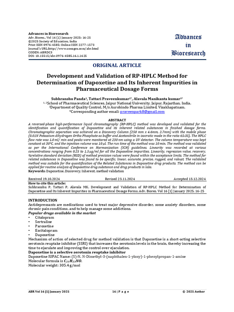 RP-HPLC Method for Dapoxetine Analysis | PDF | Detection Limit | High ...