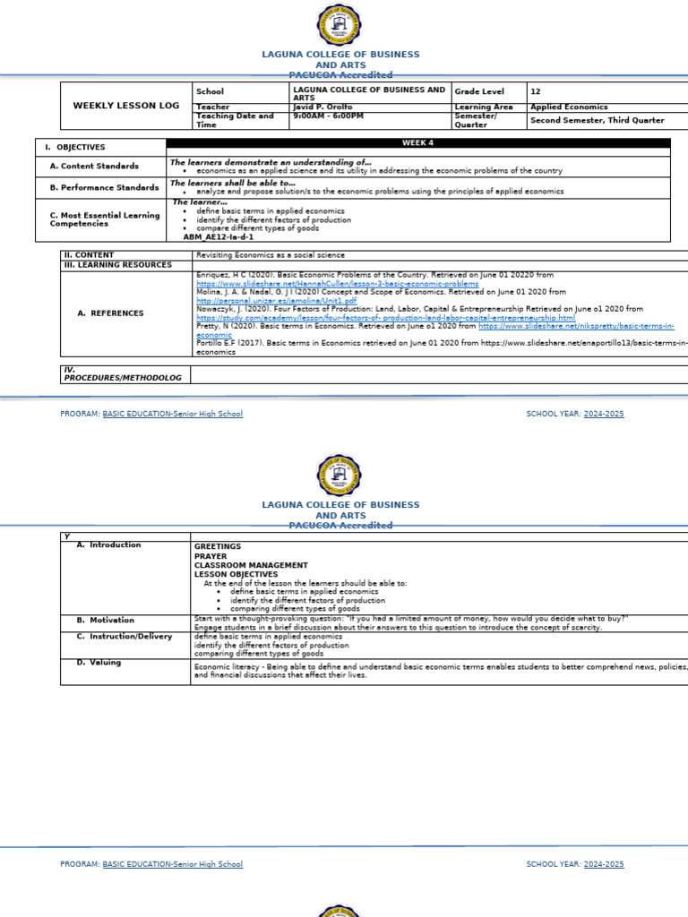 Applied Economics Weekly Lesson Plan | PDF | Goods | Economics