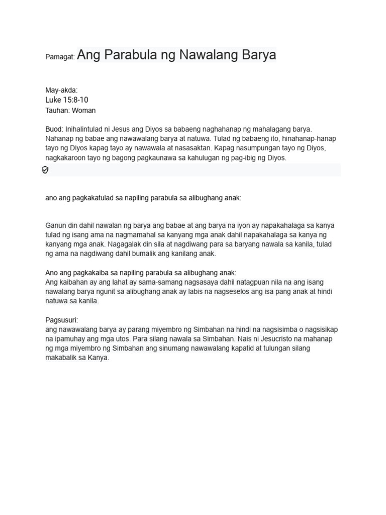 Pamagat - Ang Parabula NG Nawalang Barya | PDF