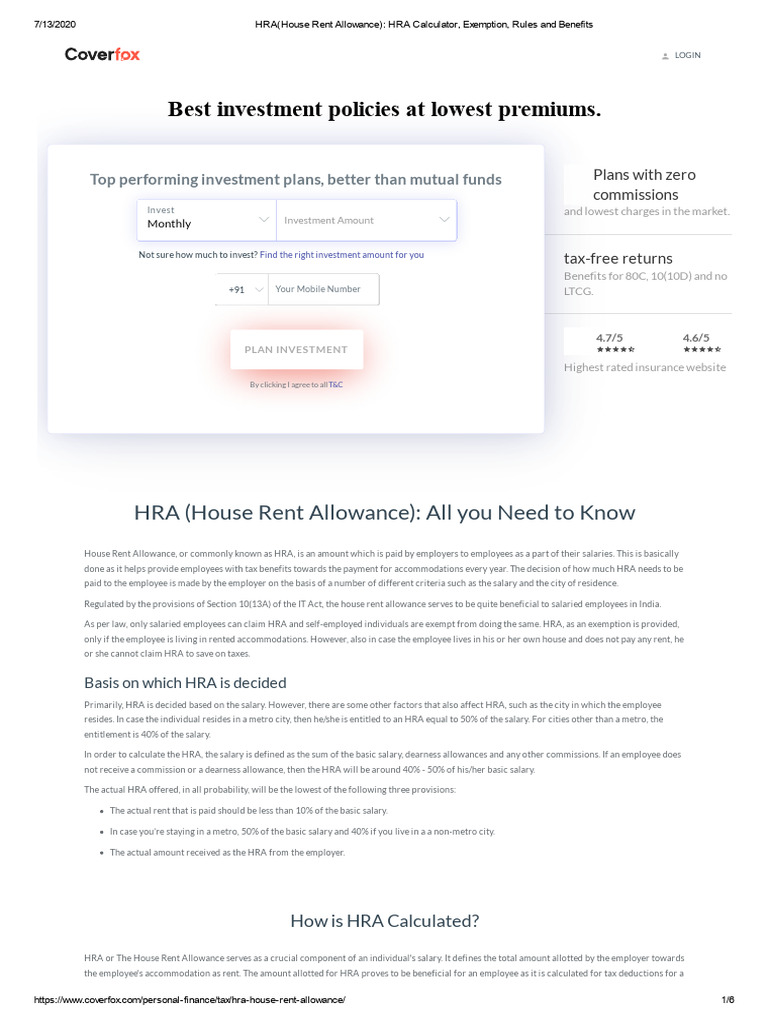 HRA (House Rent Allowance) - HRA Calculator, Exemption, Rules and ...