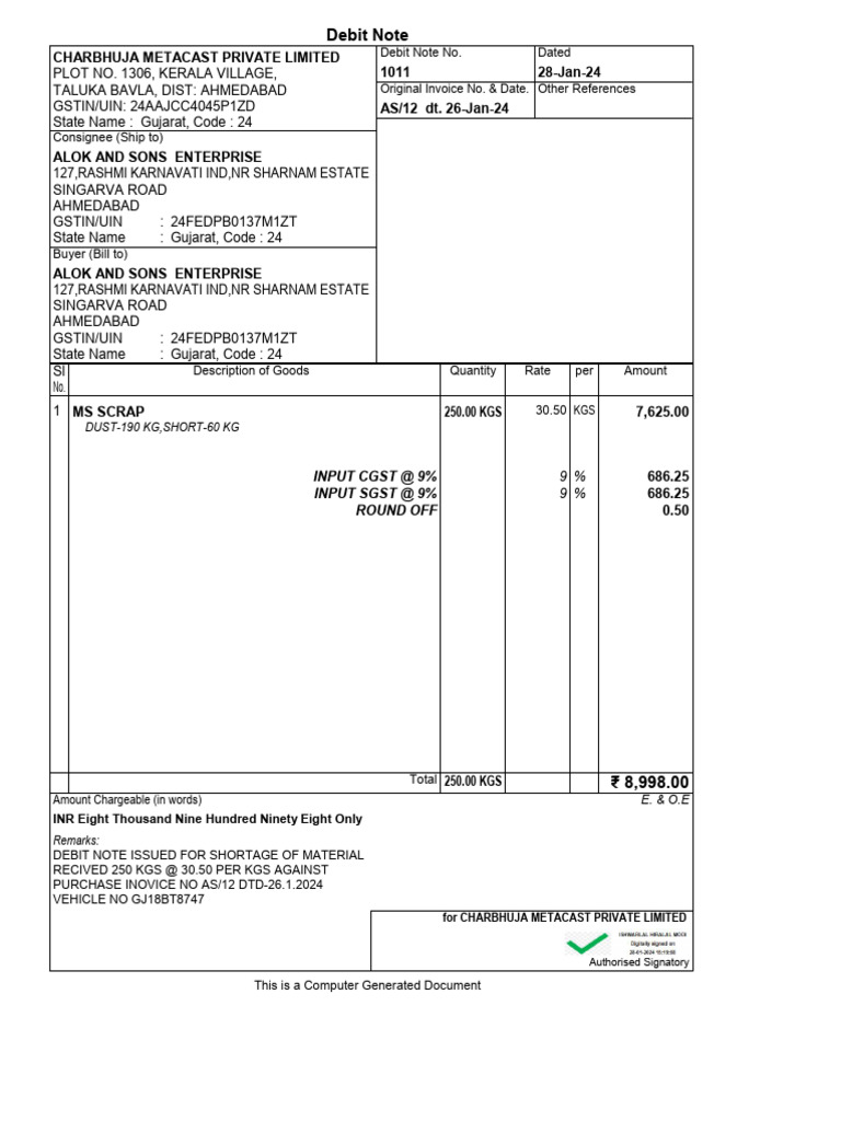 Debit Note for Material Shortage | PDF