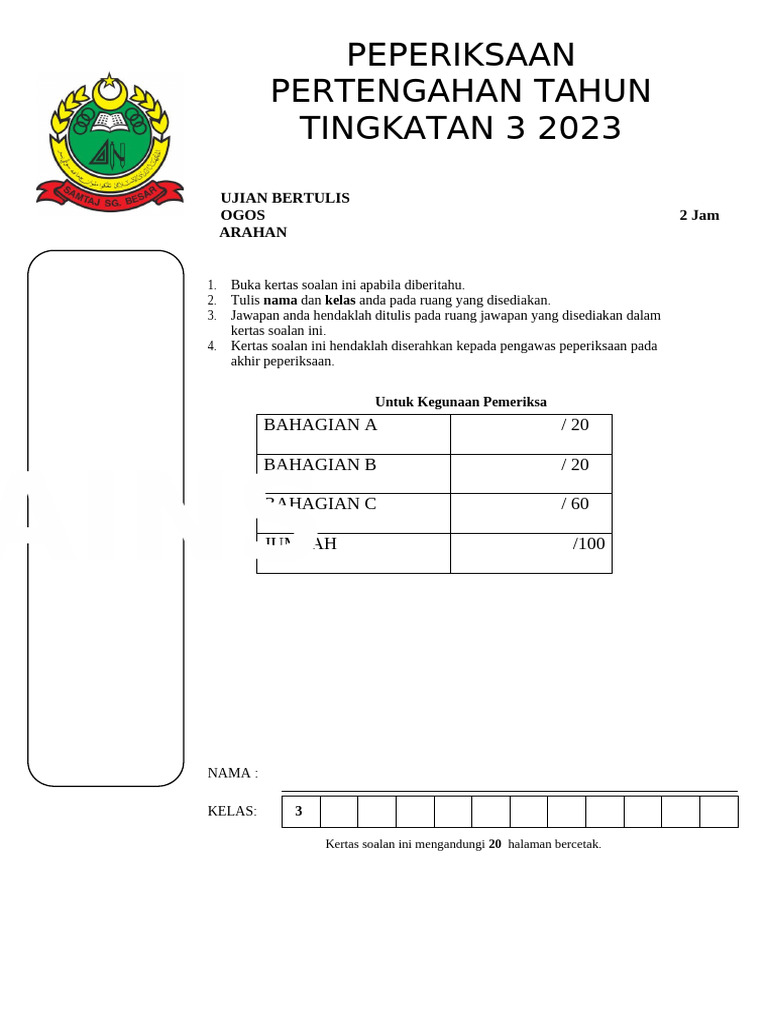 Peperiksaan Pertengahan Tahun SAINS F3 2024 | PDF