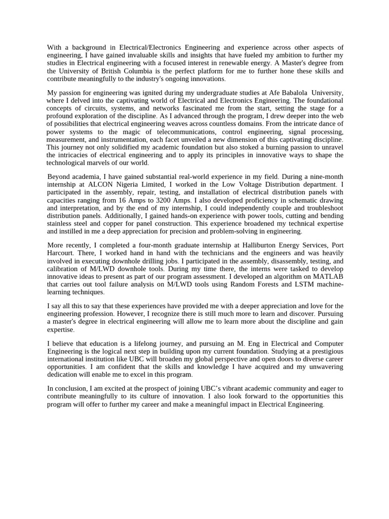 Personal Statement | PDF | Engineering | Electrical Engineering