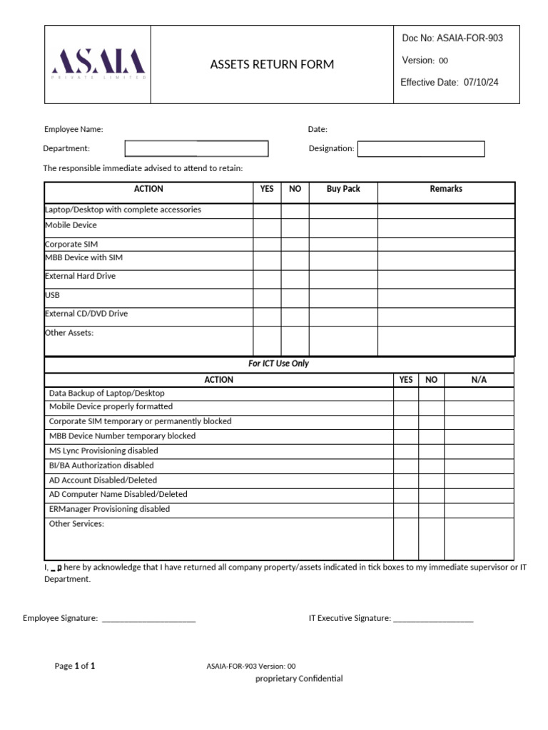Asset Return Acknowledgment Form | PDF