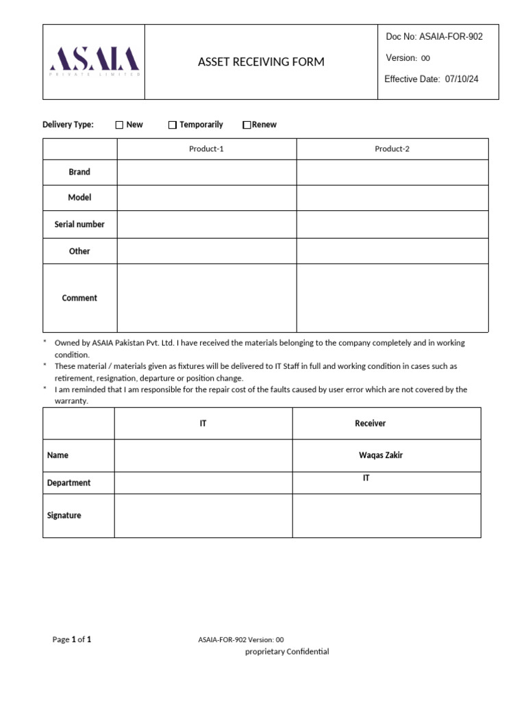 Asset Receiving Form for IT Equipment | PDF