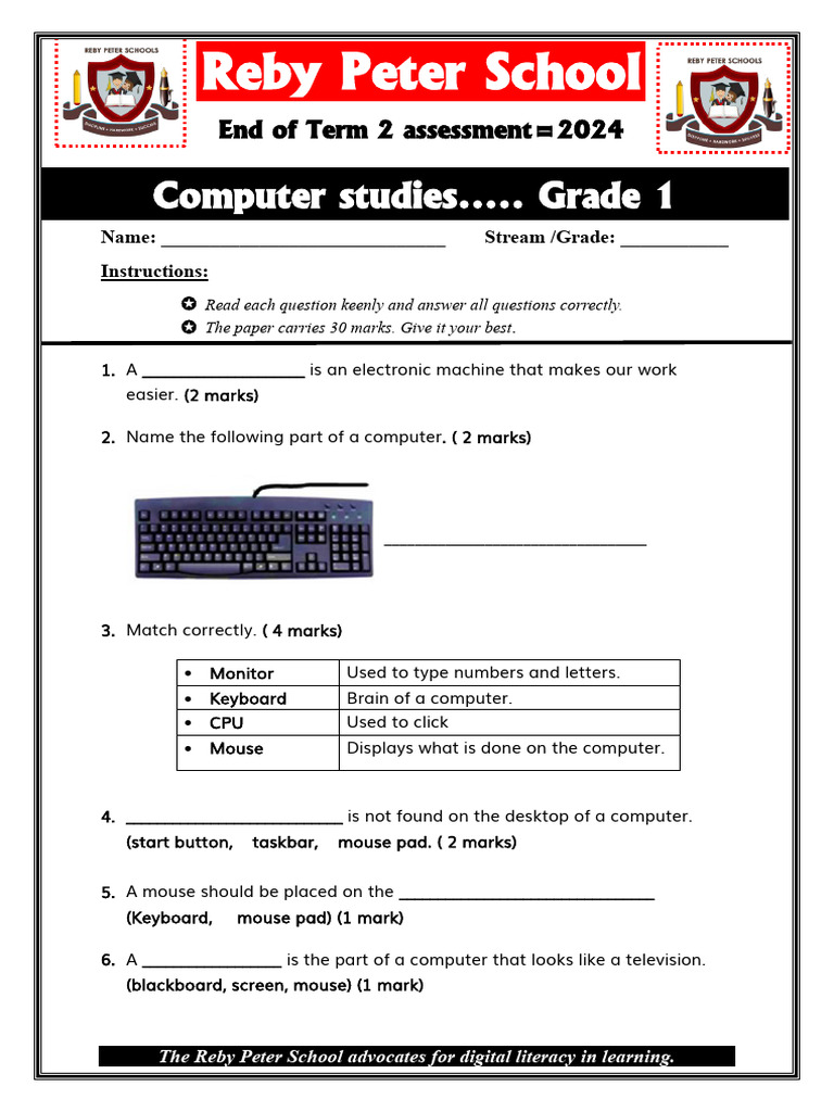 Grade 1 Computer Assessment 2024 | PDF