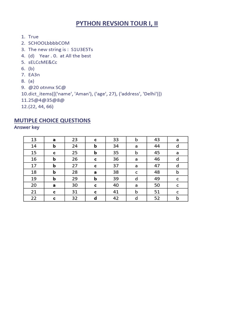 Answer key Python Revision Tour I,II -2023-24 | PDF
