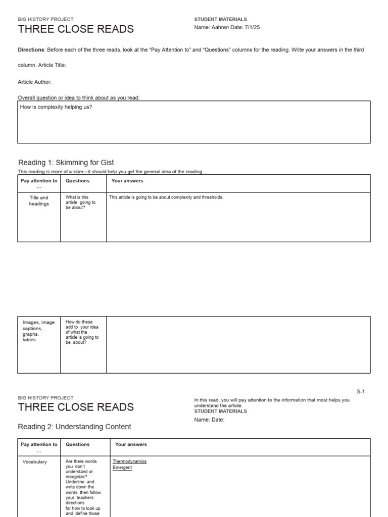 Three-Close-Reads Student PDF Version | PDF | Evidence | Question
