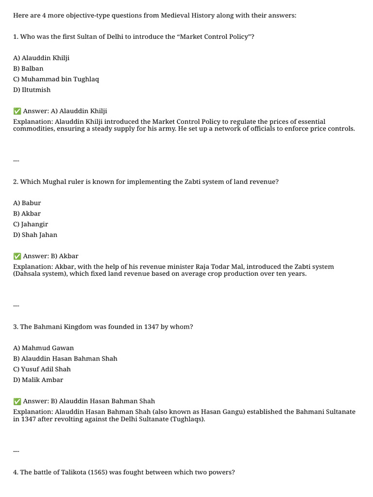 Medieval History MCQs with Answers | PDF
