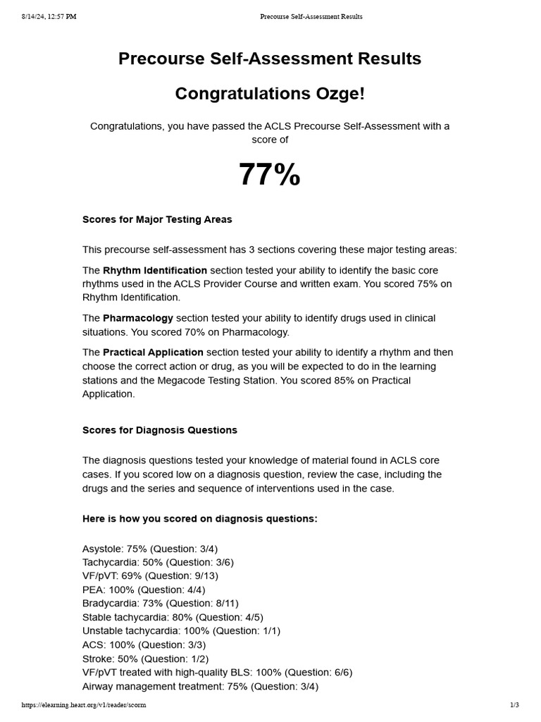 ACLS Precourse Assessment Scores | PDF | Cardiovascular System ...