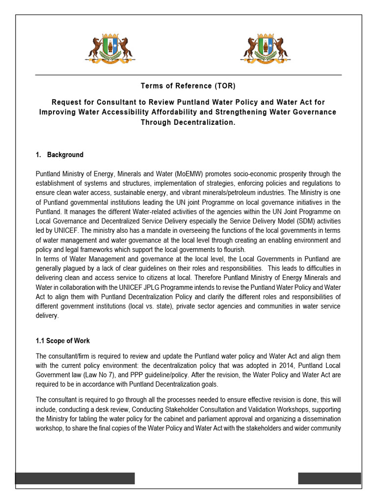 MoEMW Water Policy and Act Review Consultants TOR1 | PDF | Governance | Policy