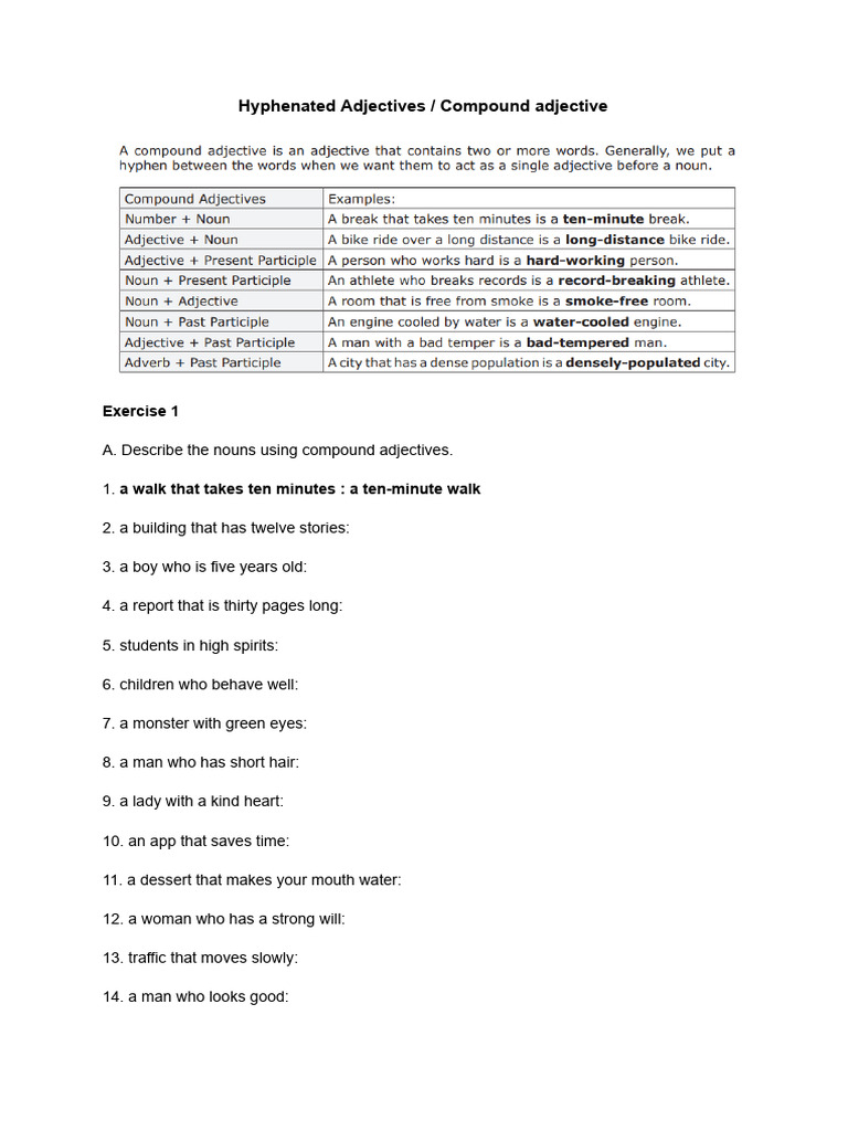 Compound Adjectives Exercises Guide | PDF | Adjective | Linguistics