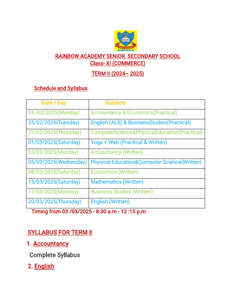 Class 11 Commerce Syllabus & Timetable | PDF