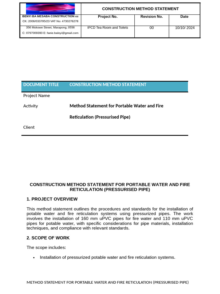 Construction Method Statement For Portable Water and Fire Reticulation ...