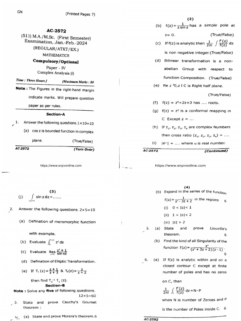 Ma MSC 1 Sem Mathematics p4 Complex Analysis 1 Ac 2572 Feb 2024 | PDF