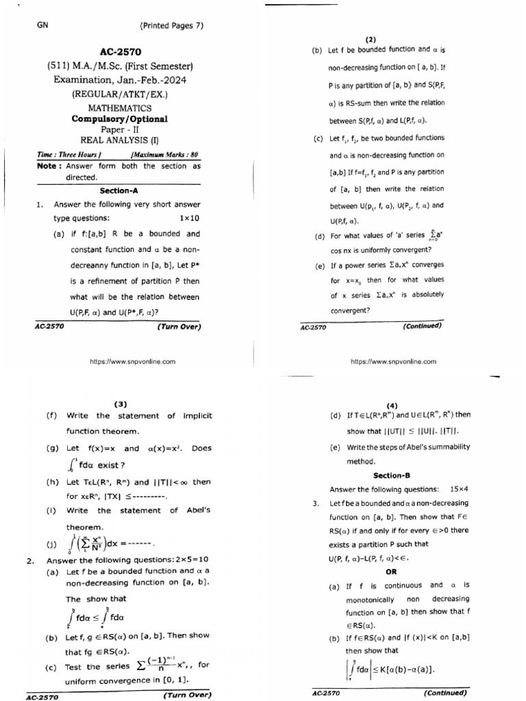 Ma Msc 1 Sem Mathematics p2 Real Analysis 1 Ac 2570 Feb 2024 | PDF