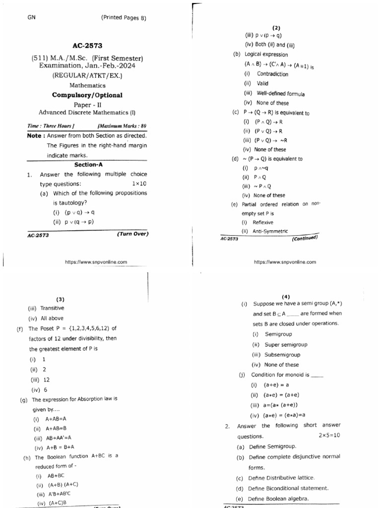 Ma MSC 1 Sem Mathematics p2 Advanced Discrete Mathematics 1 Ac 2573 Feb ...
