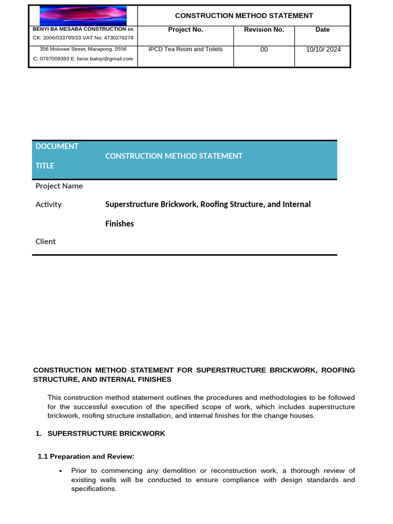 Construction Method Statement for house top | PDF | Screw | Demolition