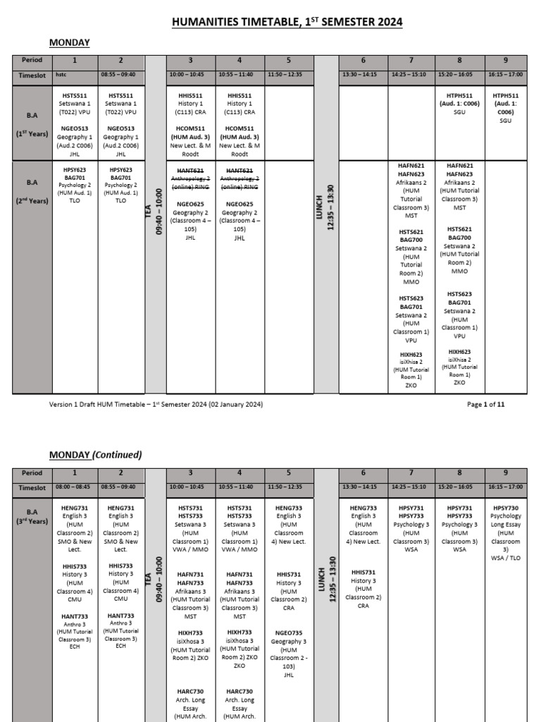V1S1 Humanities BA Timetable Semester 1 2024 | PDF | Liberal Arts ...